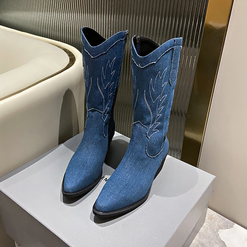 Botas-vaqueras-azules-Vintage-para-mujer-zapatos-largos-con-punta ...