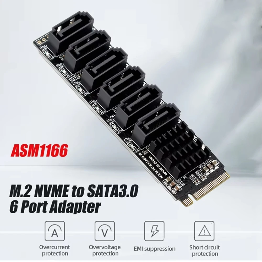 M.2 M key to SATA3.0 Adapter Card 6Gbps High Speed ASM1166 Controller M ...