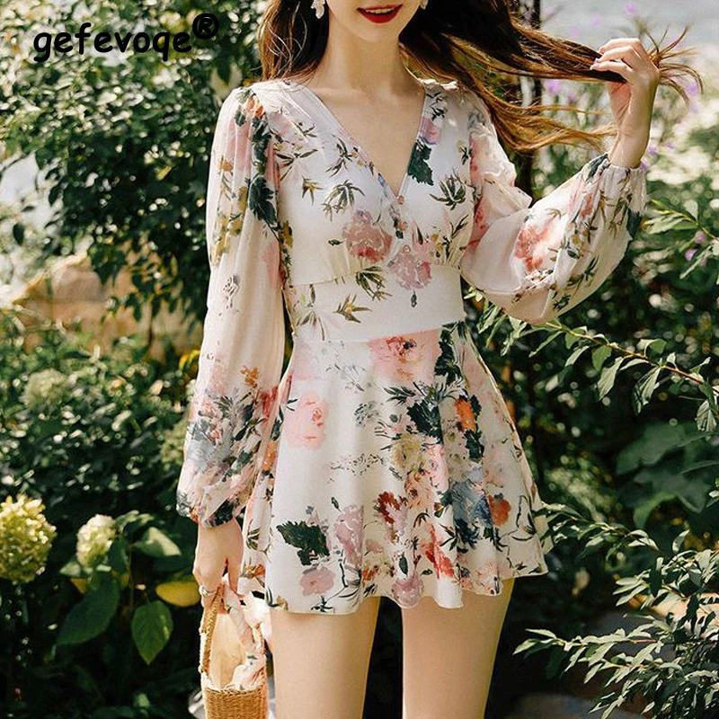 Mulheres-Floral-Impresso-Cintura-Alta-Elegante-Moda-One-Piece-Vestido ...