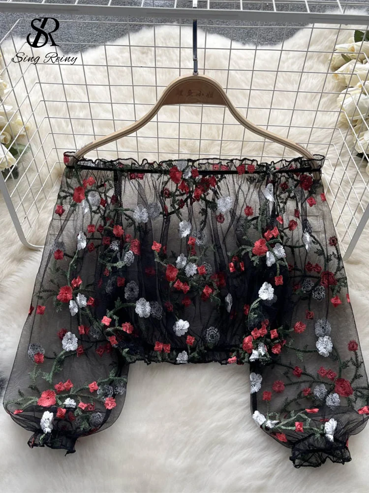 SINGREINY Retro Sexy Mesh Embroidery Blouse Summer Off Shoulder French ...