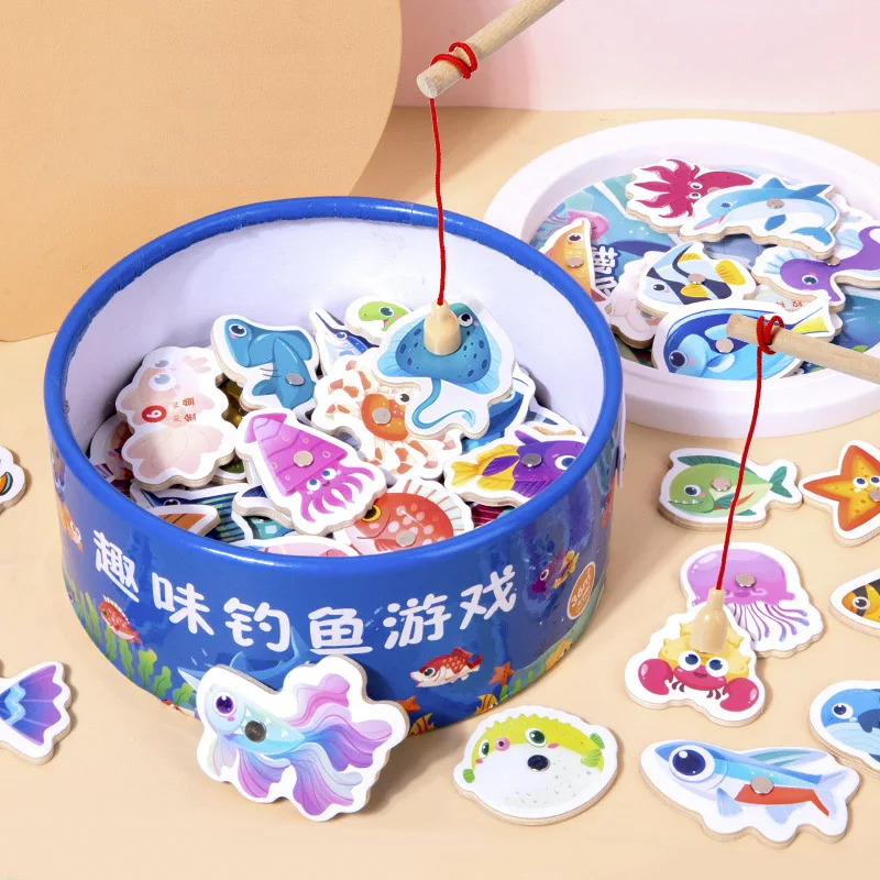 Montessori-Wooden-Magnetic-Fishing-Toys-For-Kids-Cartoon-Marine-Life ...