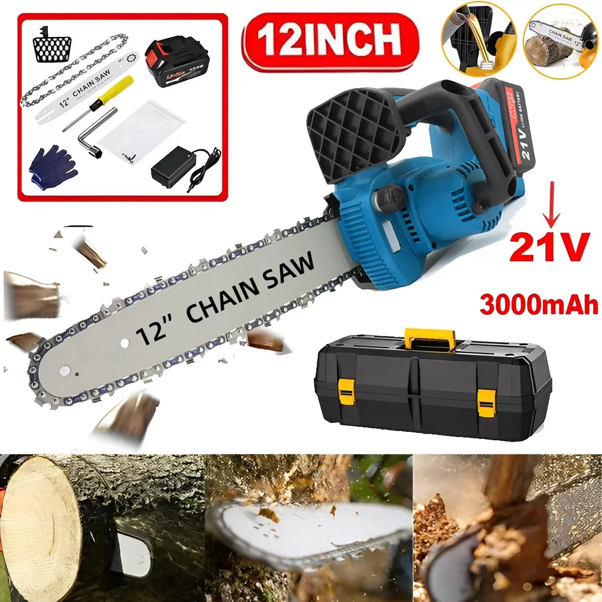 12" Cordless Electric Chainsaw Brushless Wood Cutter 2 Batteries & Case ...