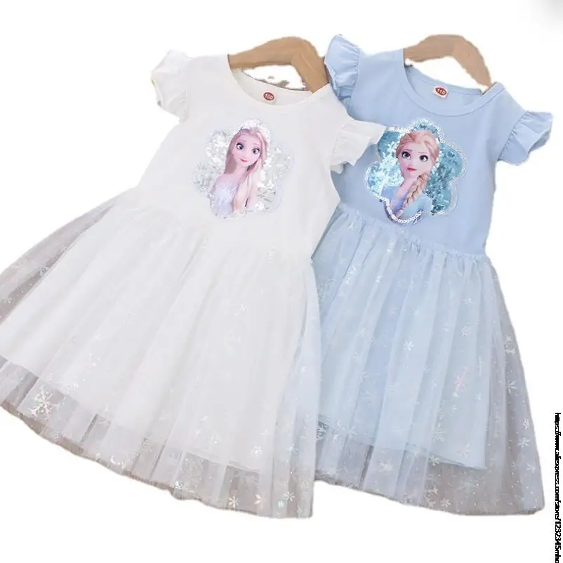 Disney Frozen Girls Dress Summer Short sleeved Lace Mesh Christmas ...