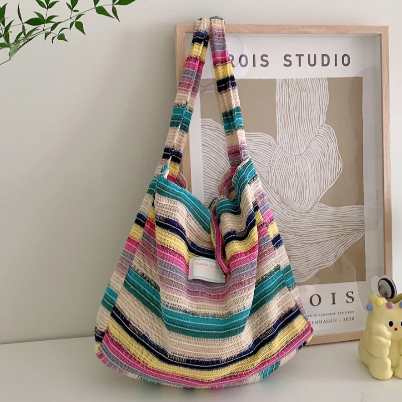 Colorful Knitted Women's Shoulder Bag Sweet Vintage Ladies Shopping ...