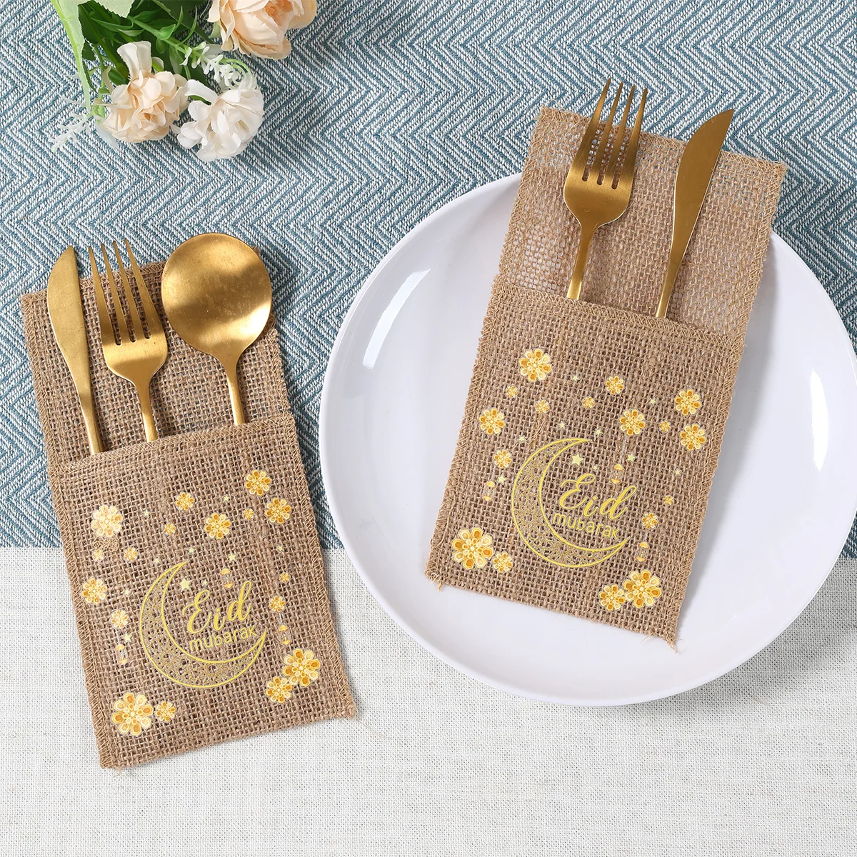 EID Mubarak Decoration Burlap Cutlery Bag Ramadan Decor 2025 Cutlery ...