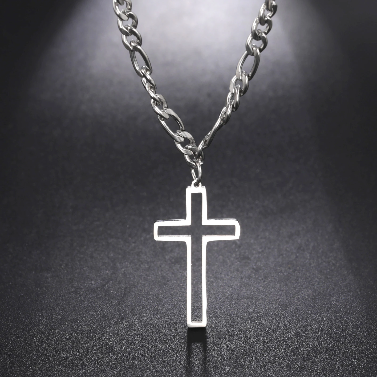 Hollow Cross Pendant Necklace for Men Women Stainless Steel Figaro ...