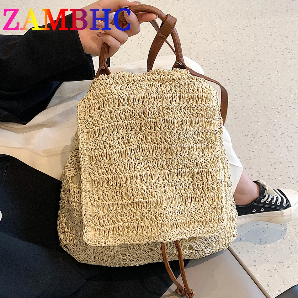 여성용 럭셔리 수제 밀짚 가방 패션 비치 백팩 2023 여름 트렌드 여행 여성 백팩 디자이너 브랜드 백팩