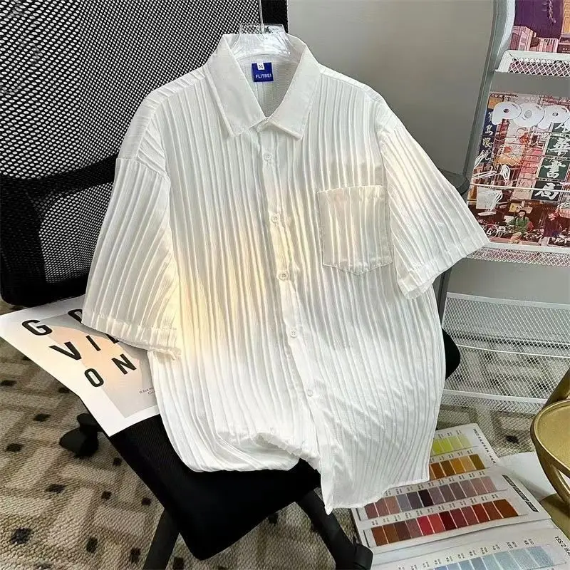 Women's Clothing Korean Style White Stripe Shirt Short Sleeve Modest ...