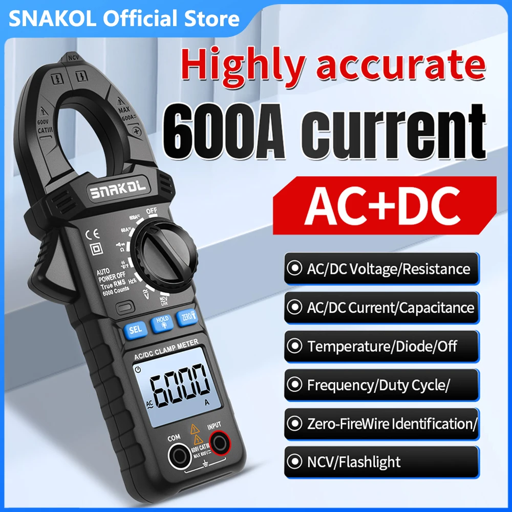 SNAKOL AC DC Current Clamp Meter 600A Digital Ammeter Pliers True RMS ...
