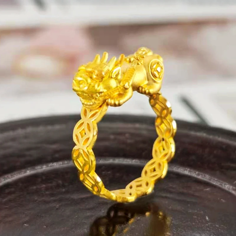18k-Pure-Gold-Color-Rings-for-Women-Men-Lucky-Pixiu-Adjustable-Fingle ...