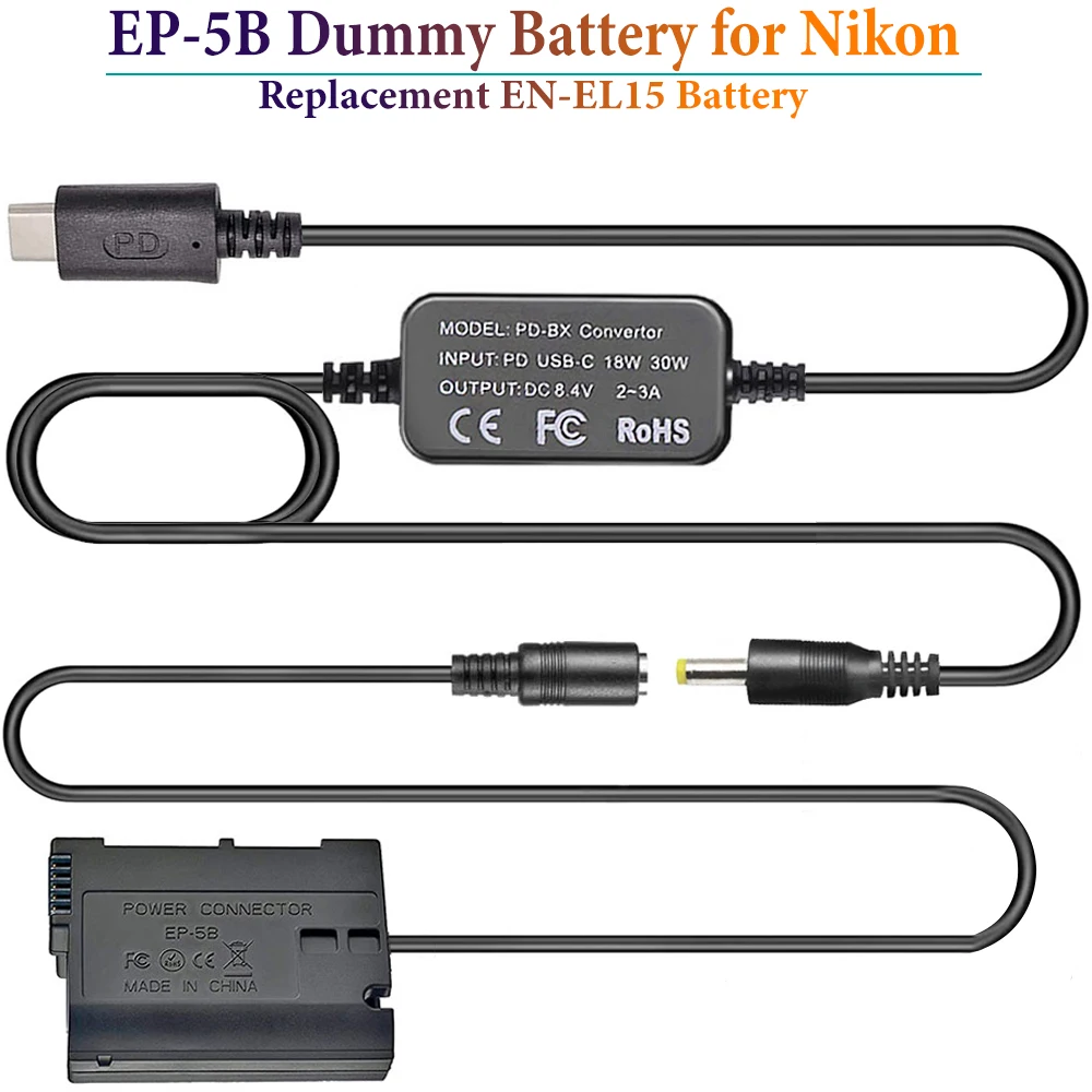 PD USB-C Convertor Cable to EP-5B DC Coupler EN-EL15 Dummy Battery for ...
