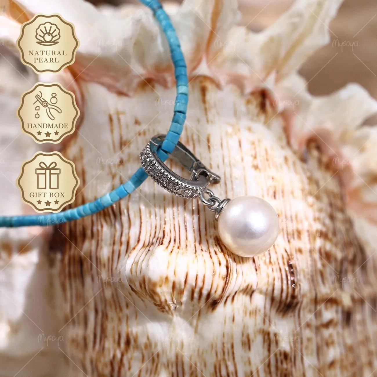 Mysoya Turquoise Necklace 8-8.5mm With Akoya Pearl Pendant Gift Box For ...