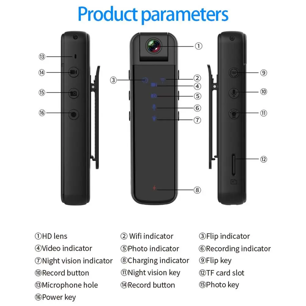 Caméra portée sur le corps 1080p, objectif rotatif à 180 °, réduction ...