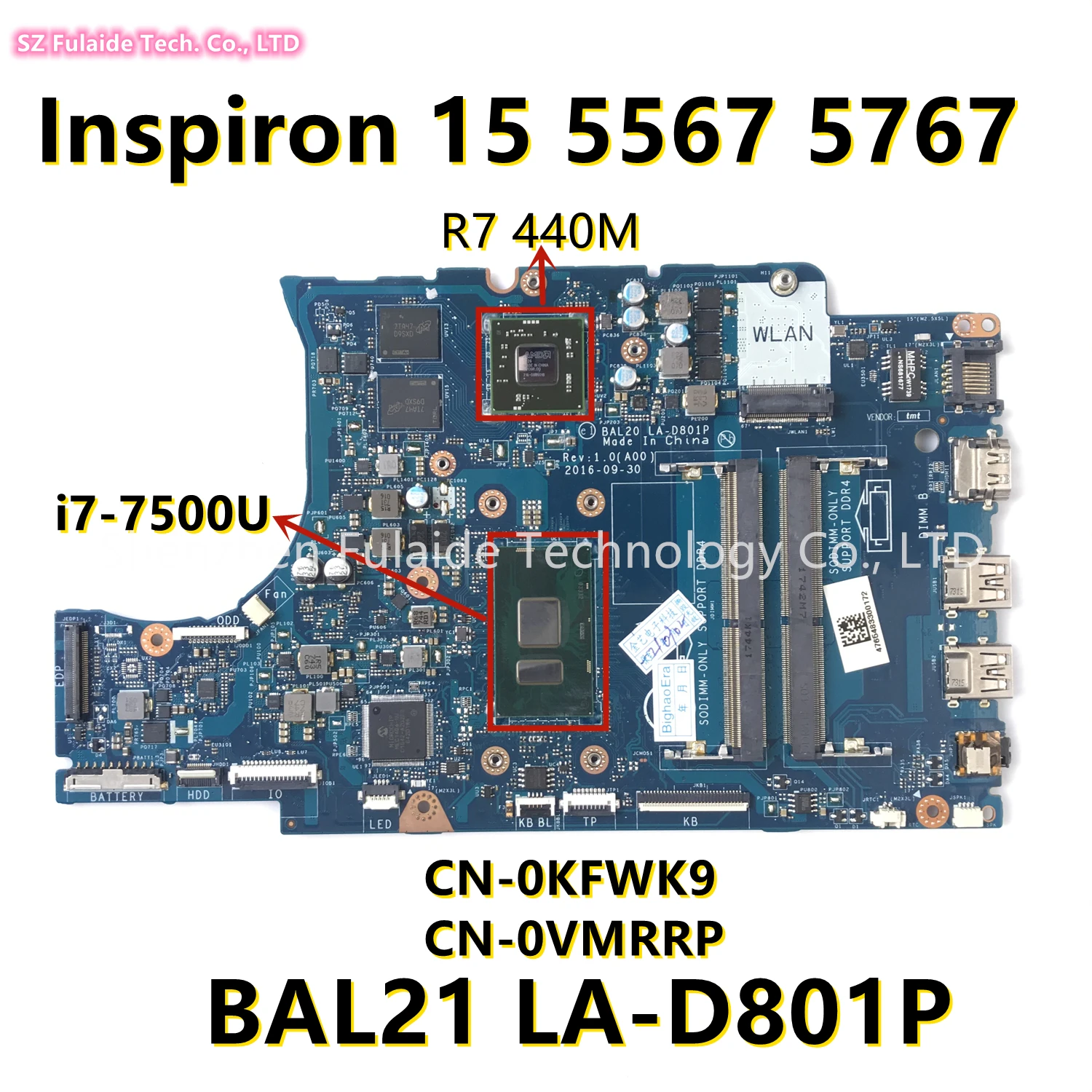 BAL20 LA-D801P For dell Inspiron 5567 5767 Laptop Motherboard with i7 ...