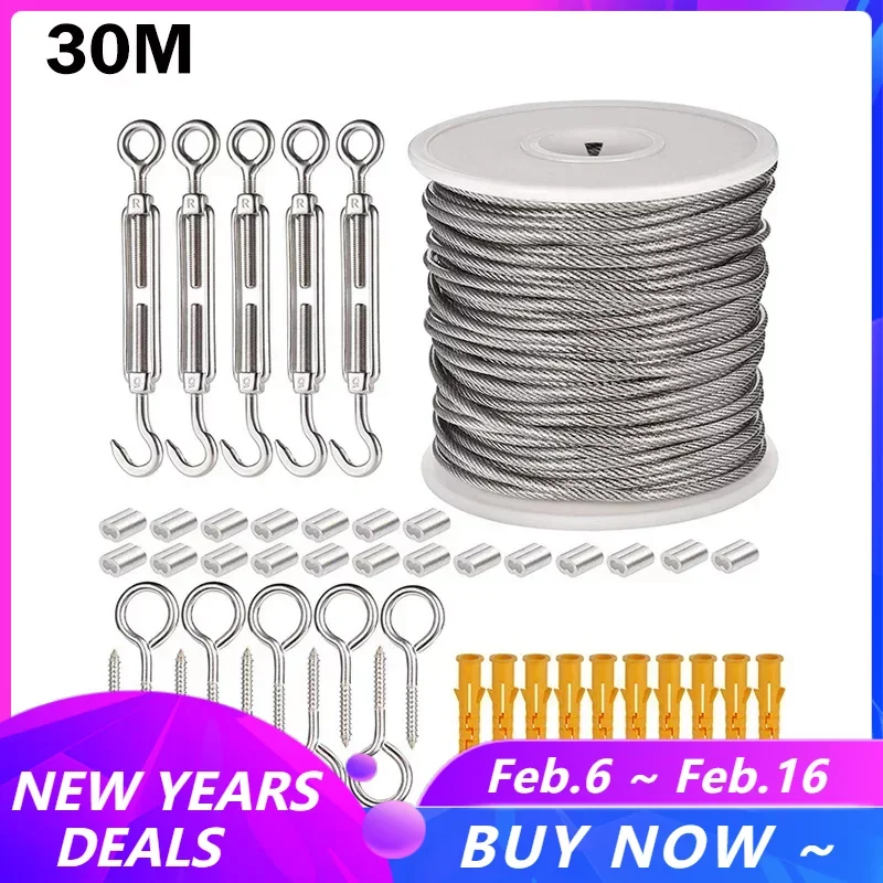 30-15M-Wire-Rope-Cable-Hooks-Hanging-Clothesline-Stainless-Steel-Cable ...