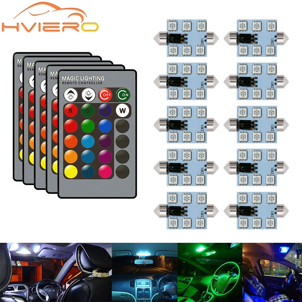 10PCS RGB Car Led Lights C5W 5050 12V 31mm 36mm Festoon Dome Doors ...