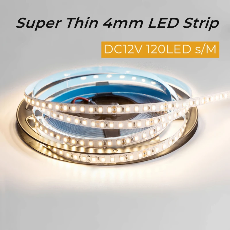 5M/Roll 4mm PCB Narrow LED Strip Light Super Slim DC12V SMD2835 120Leds ...