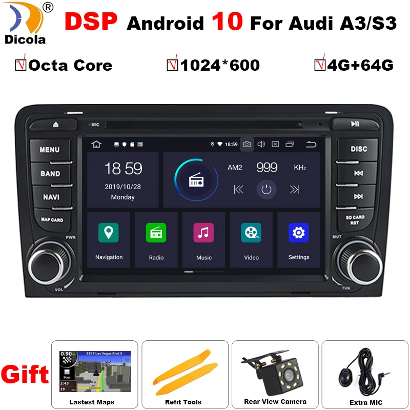 Radio Multimedia con GPS para coche, reproductor con doble 2 Din, DSP, 4 + 64GB, DVD, para Audi ...