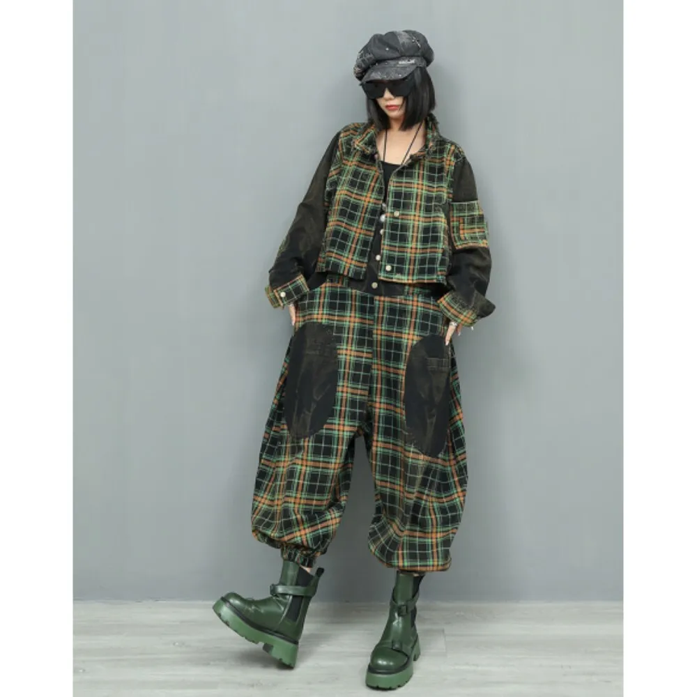 Personalized Trendy Plaid Denim Jacket + Overalls Two-piece Set Women ...