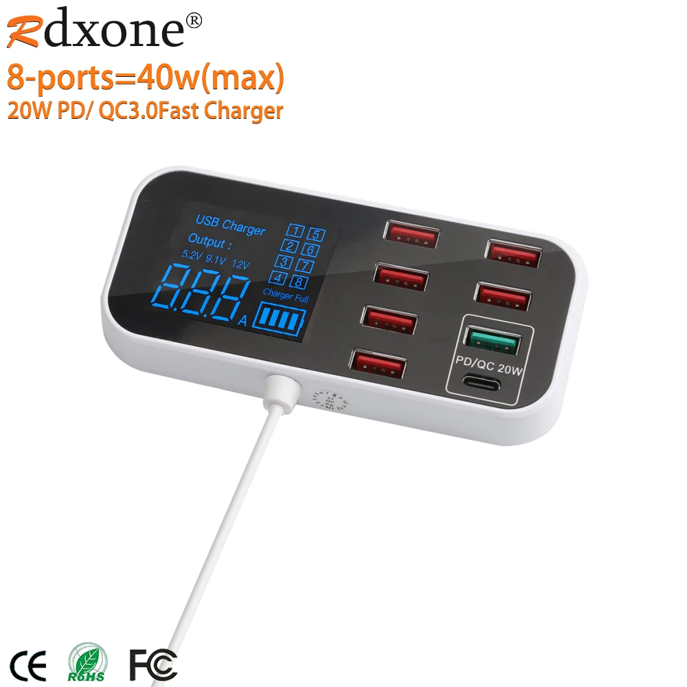 8 Ports Multiple USB Chargers with Fast Charger Port and LCD Display ...