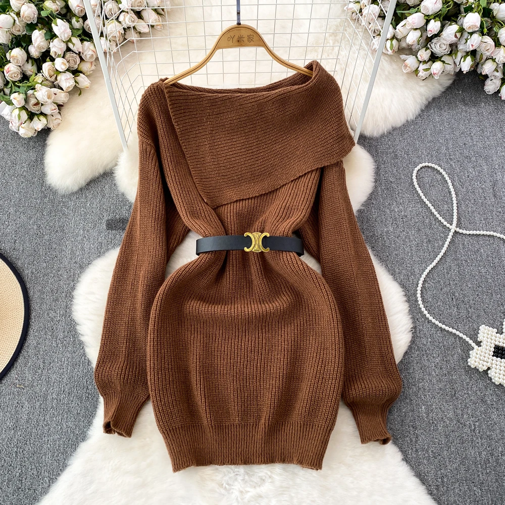 Robe-Vintage-Manches-sulfet-Col-Bateau-pour-Femme-Streetwear-Ceinture ...