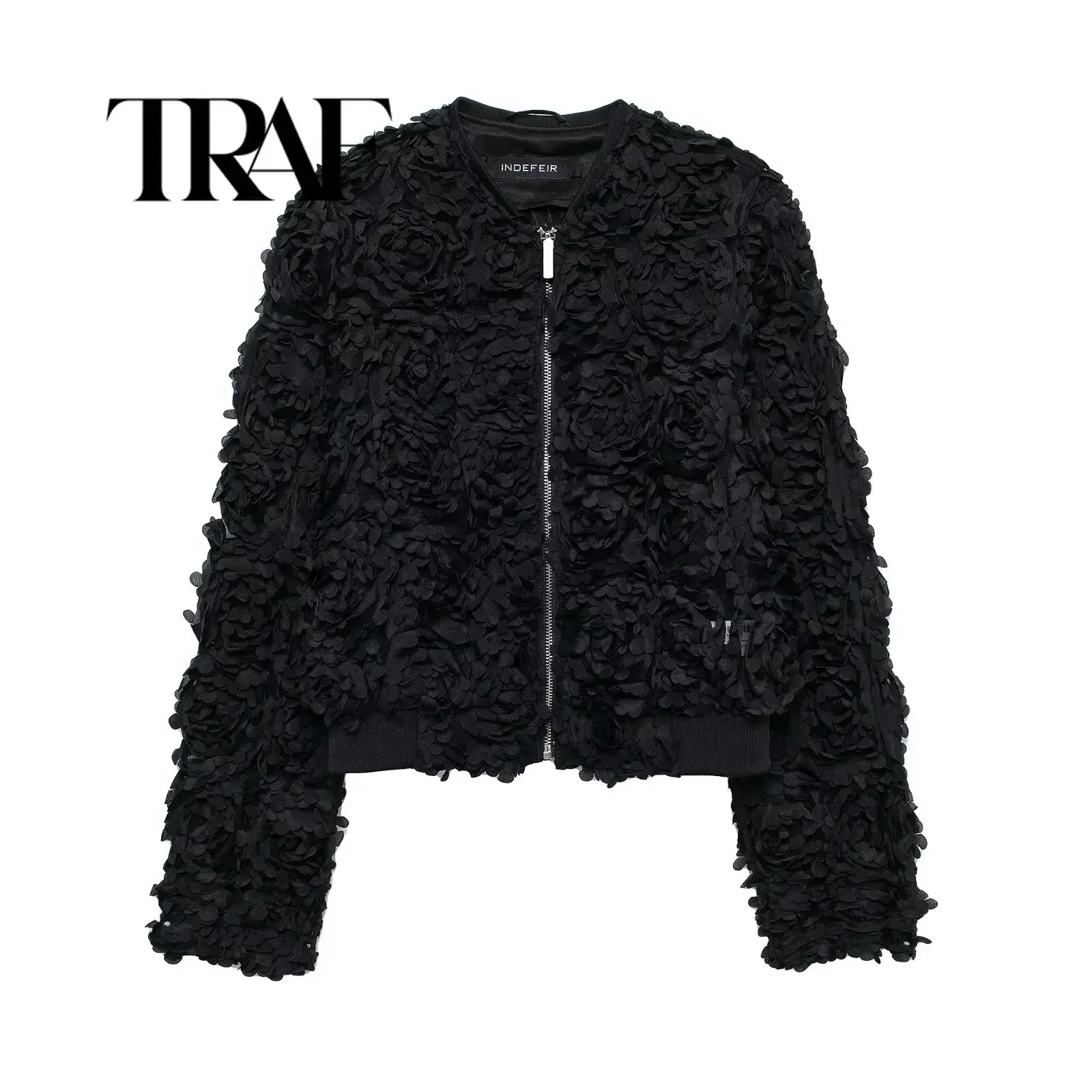 TRAF-2024-Women-Black-3D-Flower-Textured-Front-Zipper-Short-Jacket ...