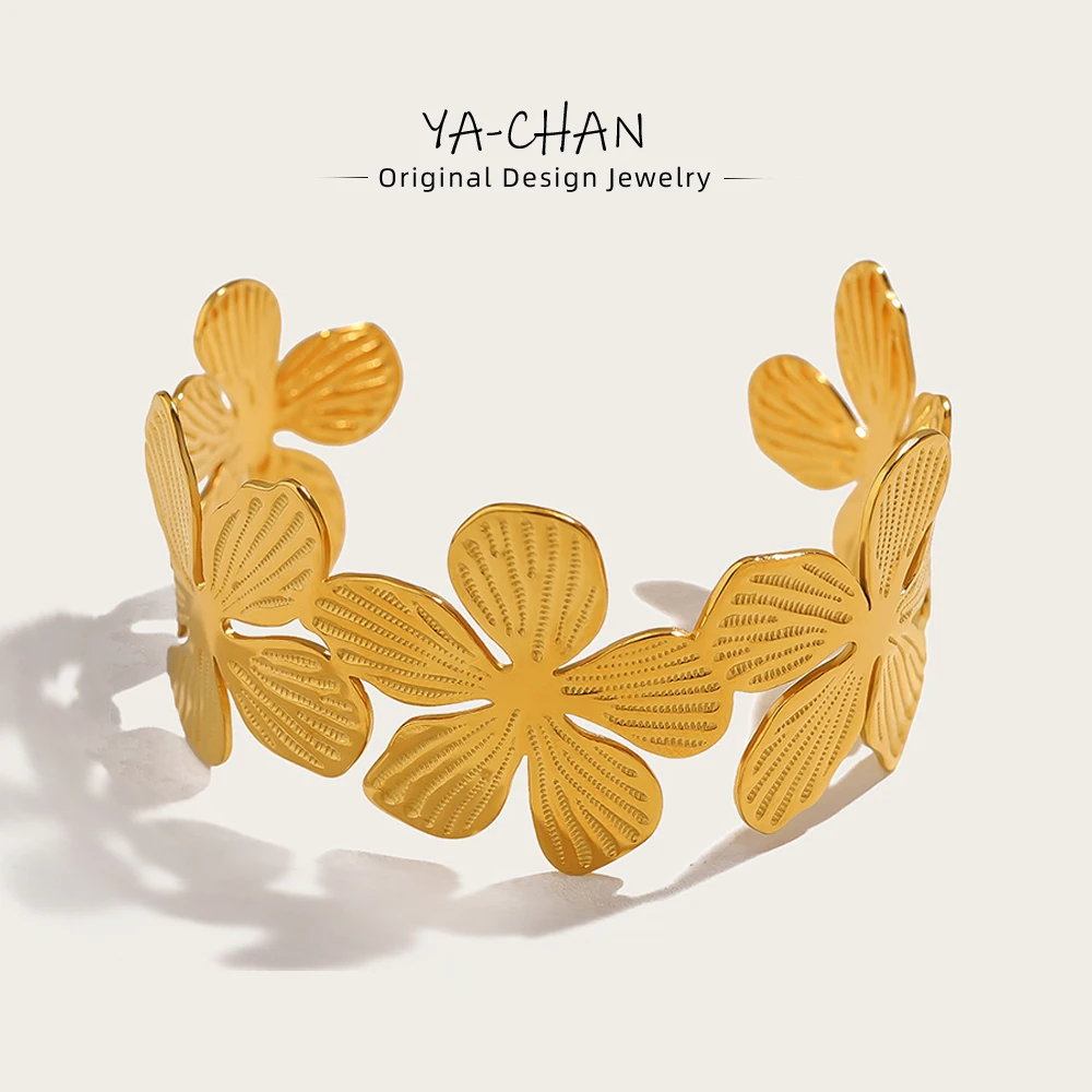 YACHAN 18K Gold Plated Stainless Steel Floral Cuff Bracelet for Women ...