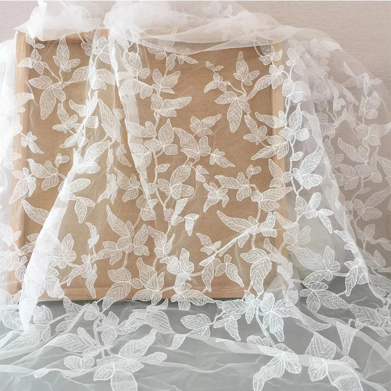 Off White Leaf Embroidery Wedding Dress Lace Fabric For European And ...