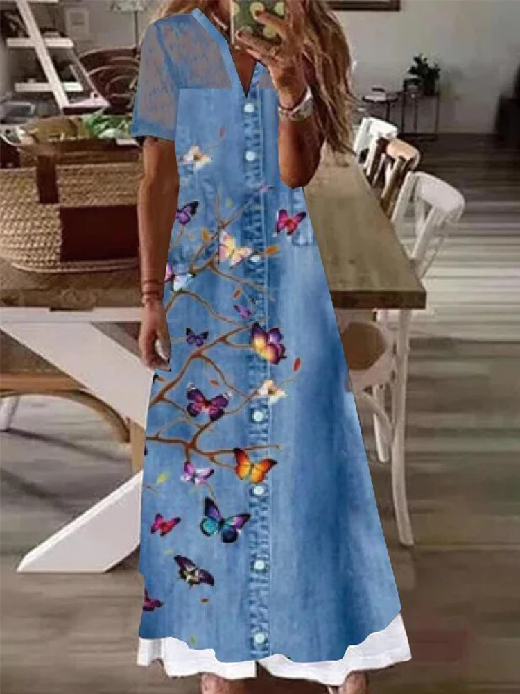 Casual Short Sleeve Sundress Maxi Dress Summer Denim color Patchwork ...