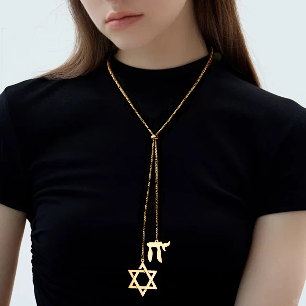 EUEAVAN 1pc Long Star of David Jewish Chai Pendant Necklace for Women ...
