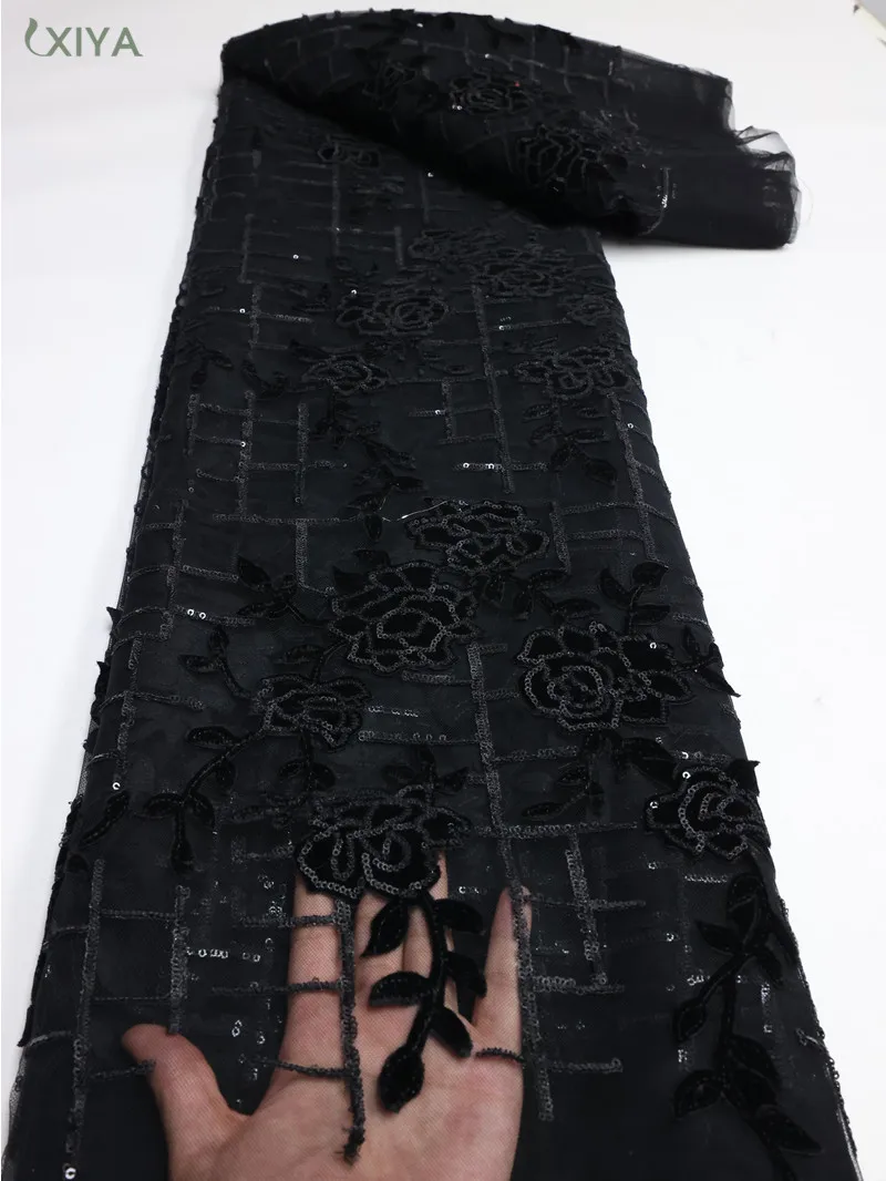 XIYA 우아한 레드 벨벳 자수 꽃 레이스 원단, 프랑스 블랙 스팽글 튤 레이스 원단, 나이지리아 신부 드레스에 적합 ...