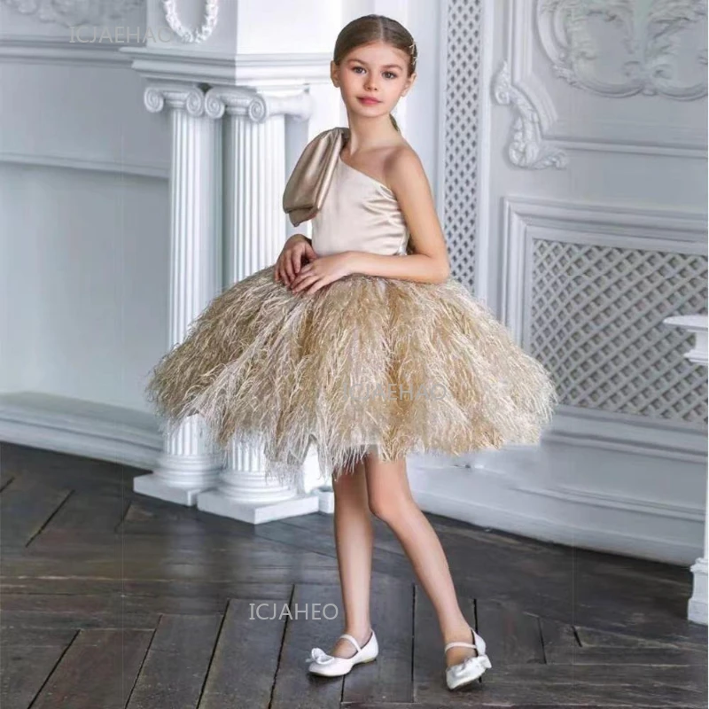 Champagne Children Girls Elegant Party Dress One Shoulder Gown for Host ...