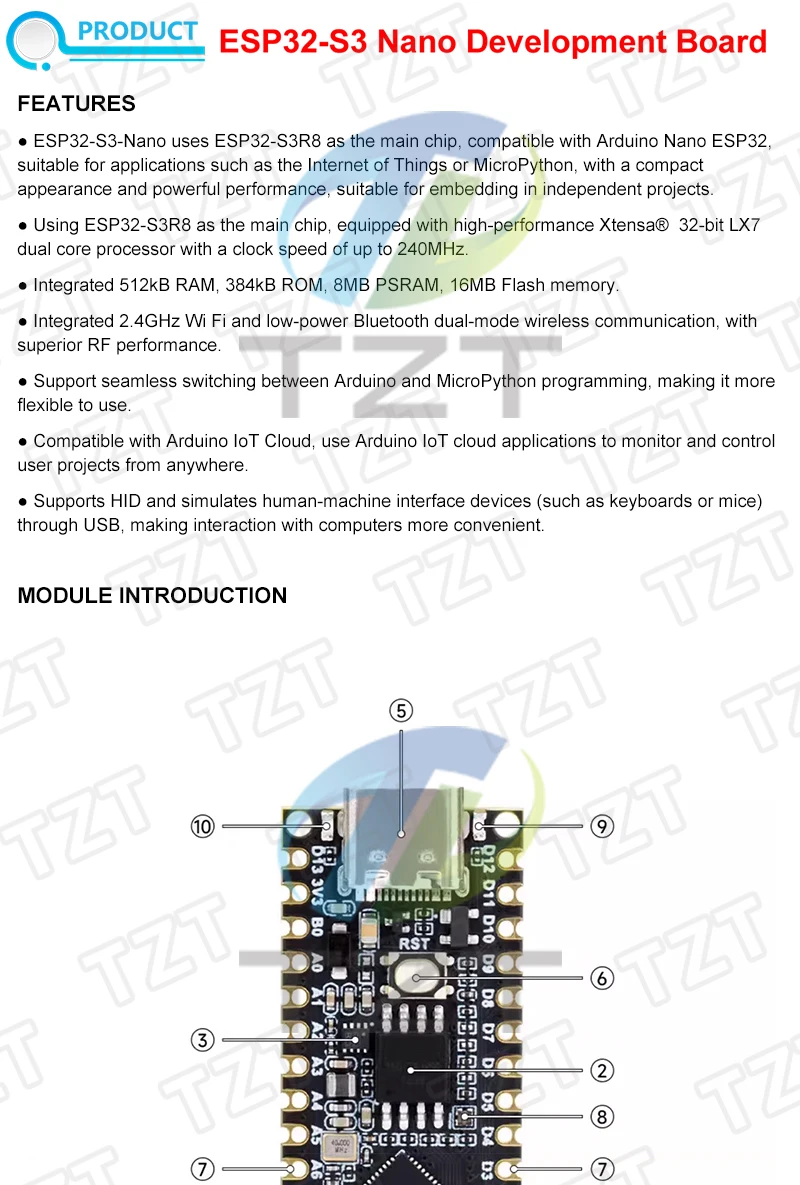 ESP32-S3 Nano WiFi Bluetooth-compatible Development Board IoT Module Based on ESP32-S3R8 240MHz ...