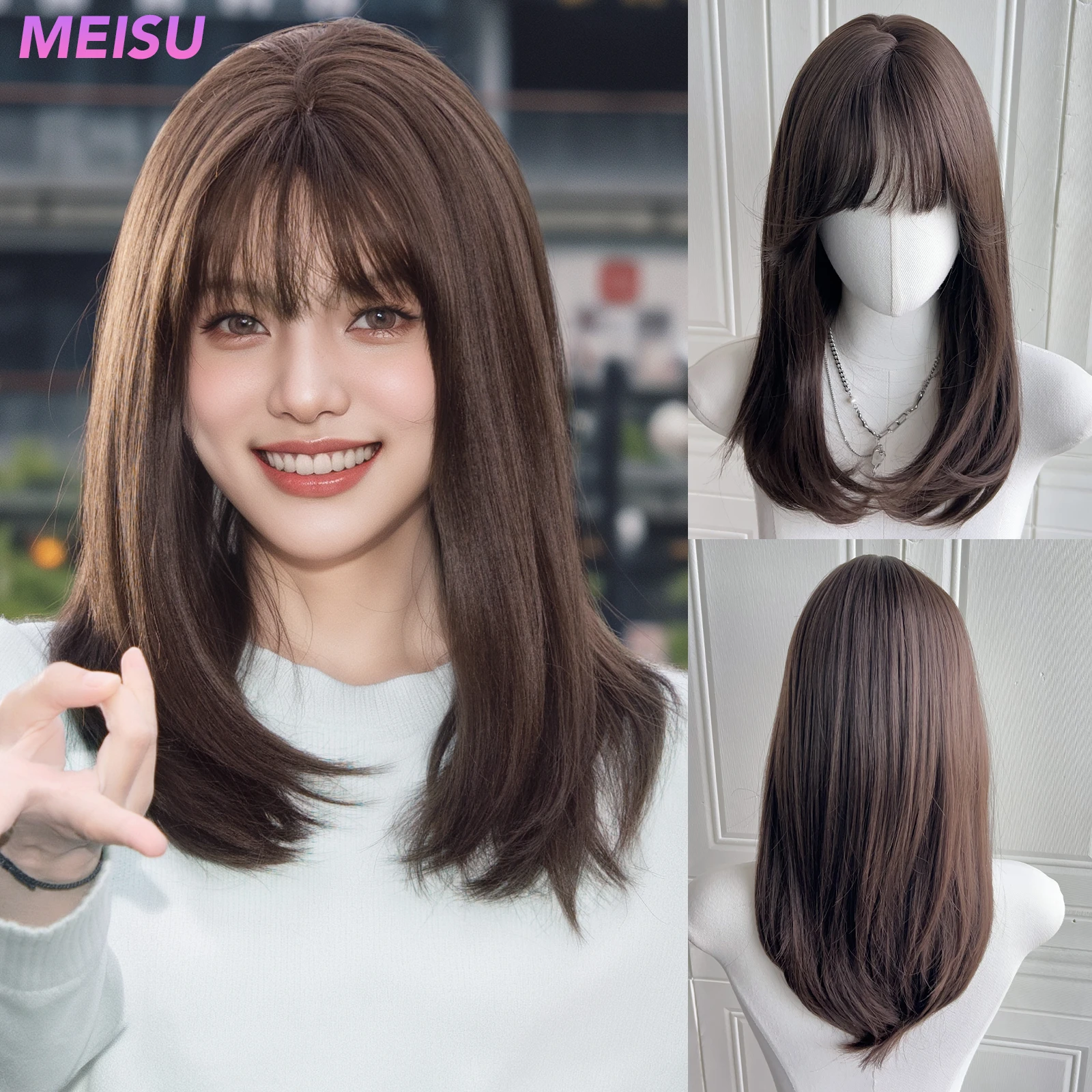 MEISU-16-Inch-Straight-Bangs-Wig-Fiber-Synthetic-Wig-Heat-resistant-Non ...