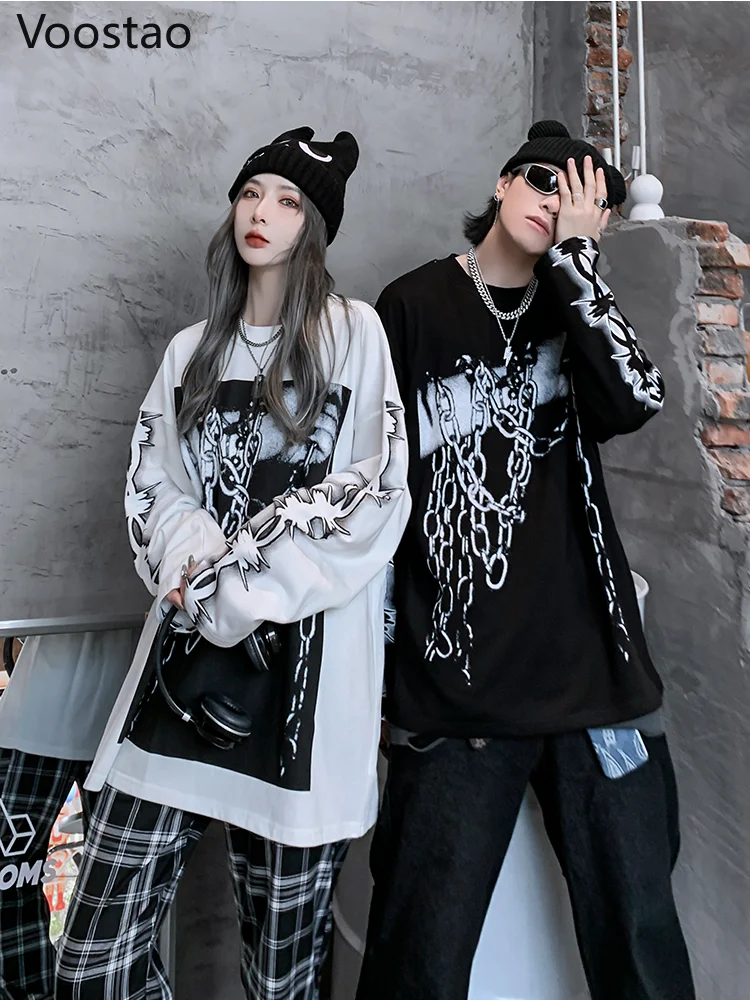 Y2k 펑크 고딕 커플 티셔츠 루즈 스트리트웨어 하라주쿠 프린트 패션 긴 소매 캐주얼 빈티지 여성 블랙 티티셔츠