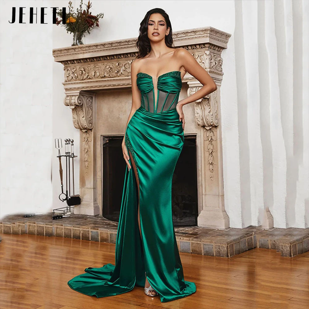 Jeheth Green Sexy Strapless Soft Satin Evening Cocktail Dress Deep V ...