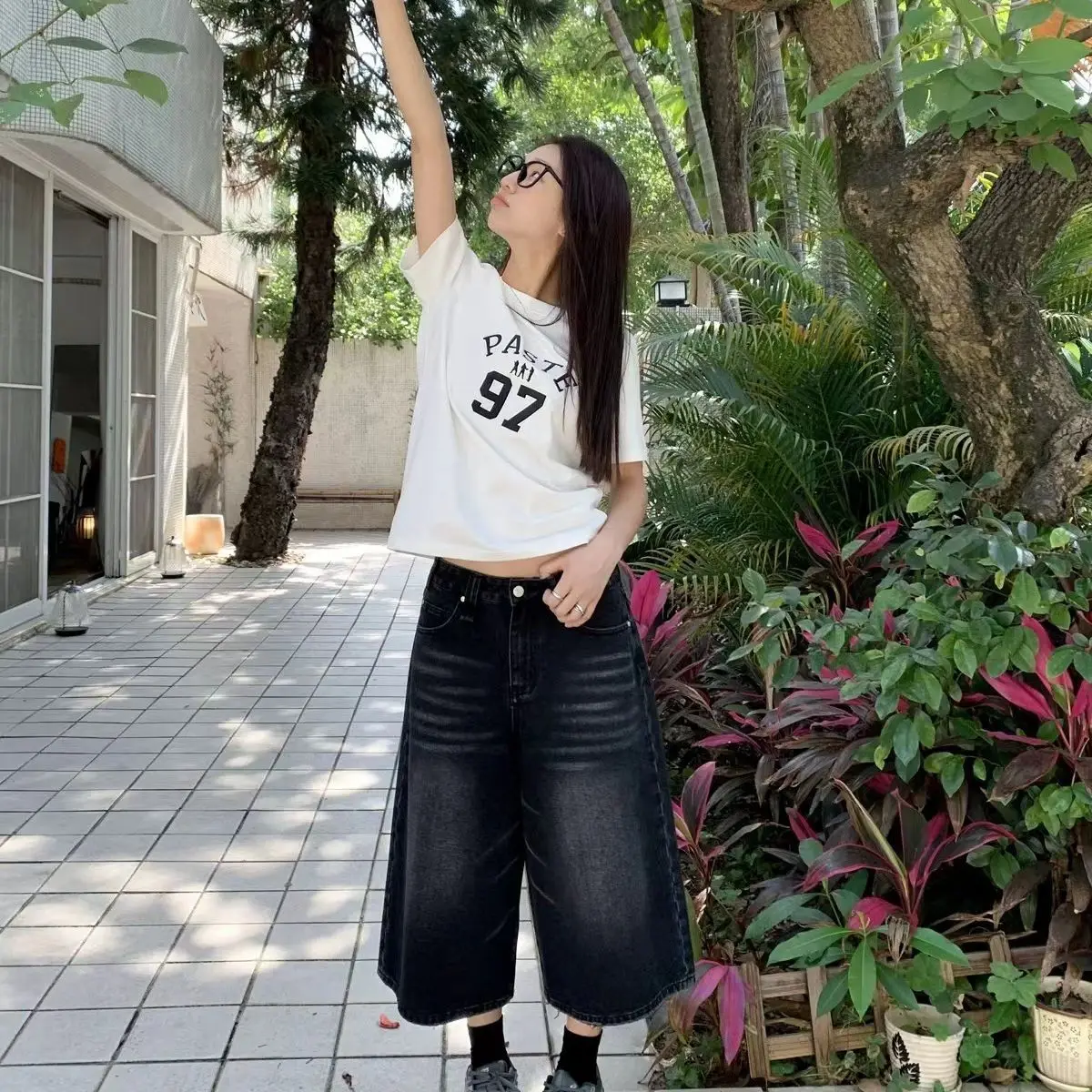 Fashion Y2k Retro Women Low Rise Jorts Brushed Black Wash Cropped Baggy ...