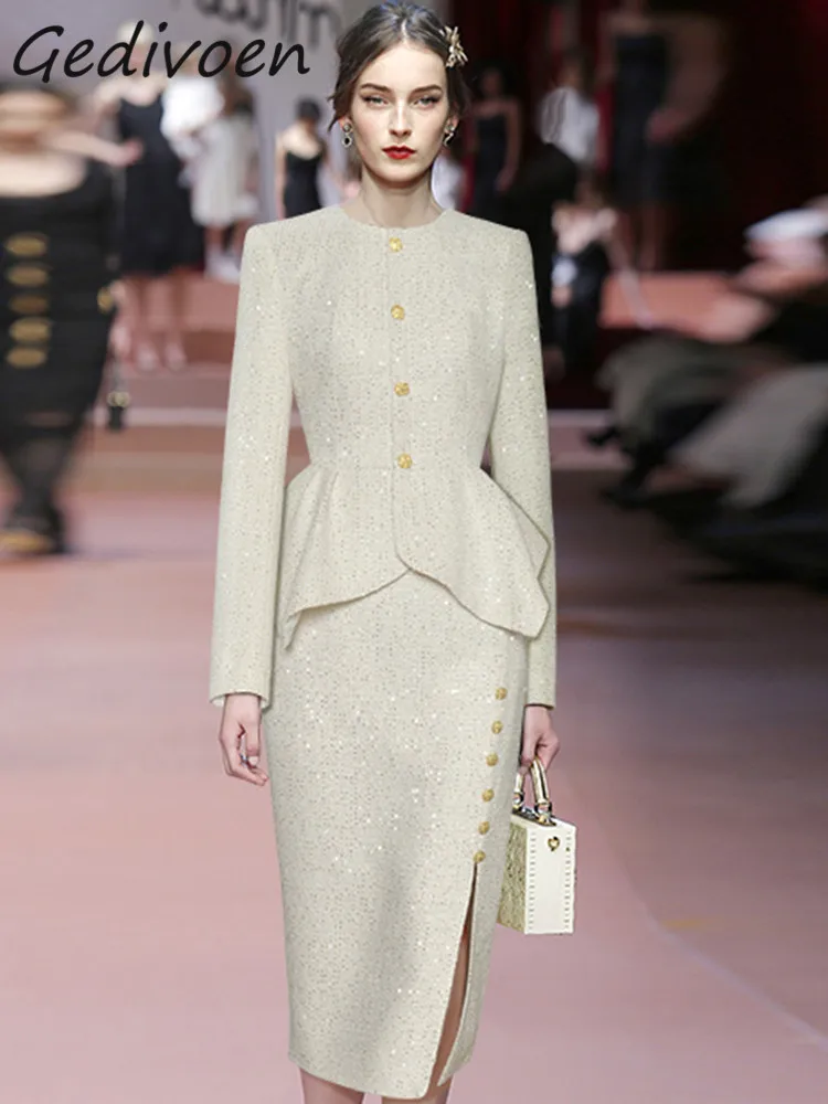 Gedivoen-Winter-Fashion-Runway-Beige-Vintage-Skirt-Set-Women-Button ...