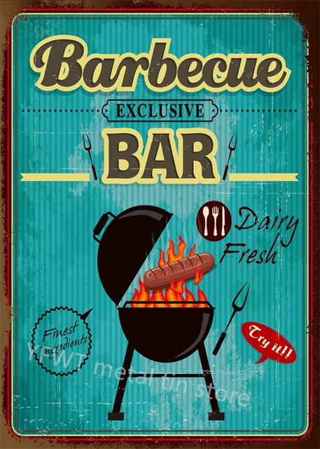 Grill Family Dinner Plaque Metal Vintage Bbq Tin Sign Restaurant Wall ...