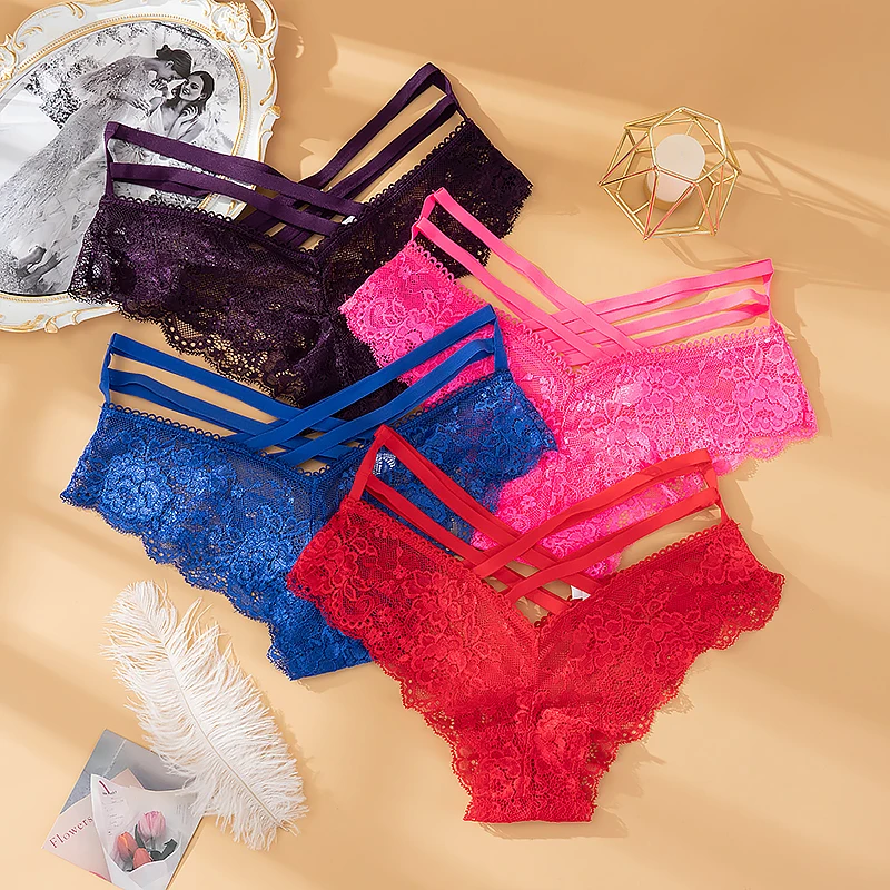 Bragas sexys de encaje para mujer, ropa interior lisa calada cruzada, lencería íntima sin ...