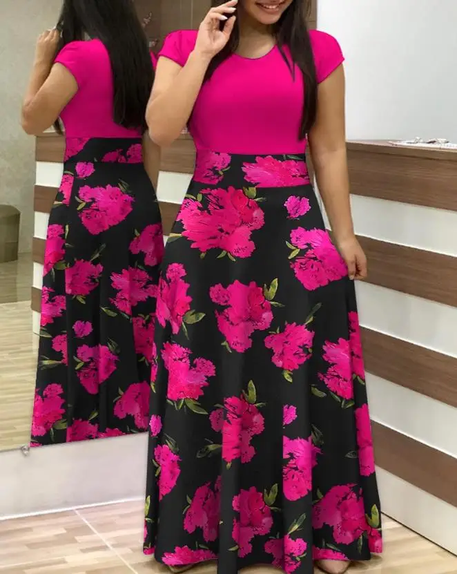 Vestidos para as mulheres 2023 Moda Verão Elegante O-pescoço Contraste ...