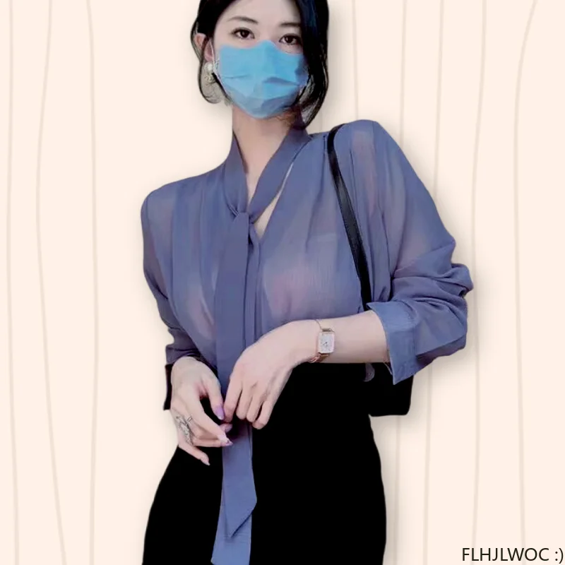 2023-Korea-Fashion-Clothing-V-Neck-Ruffles-Chiffon-Sheer-Mesh ...