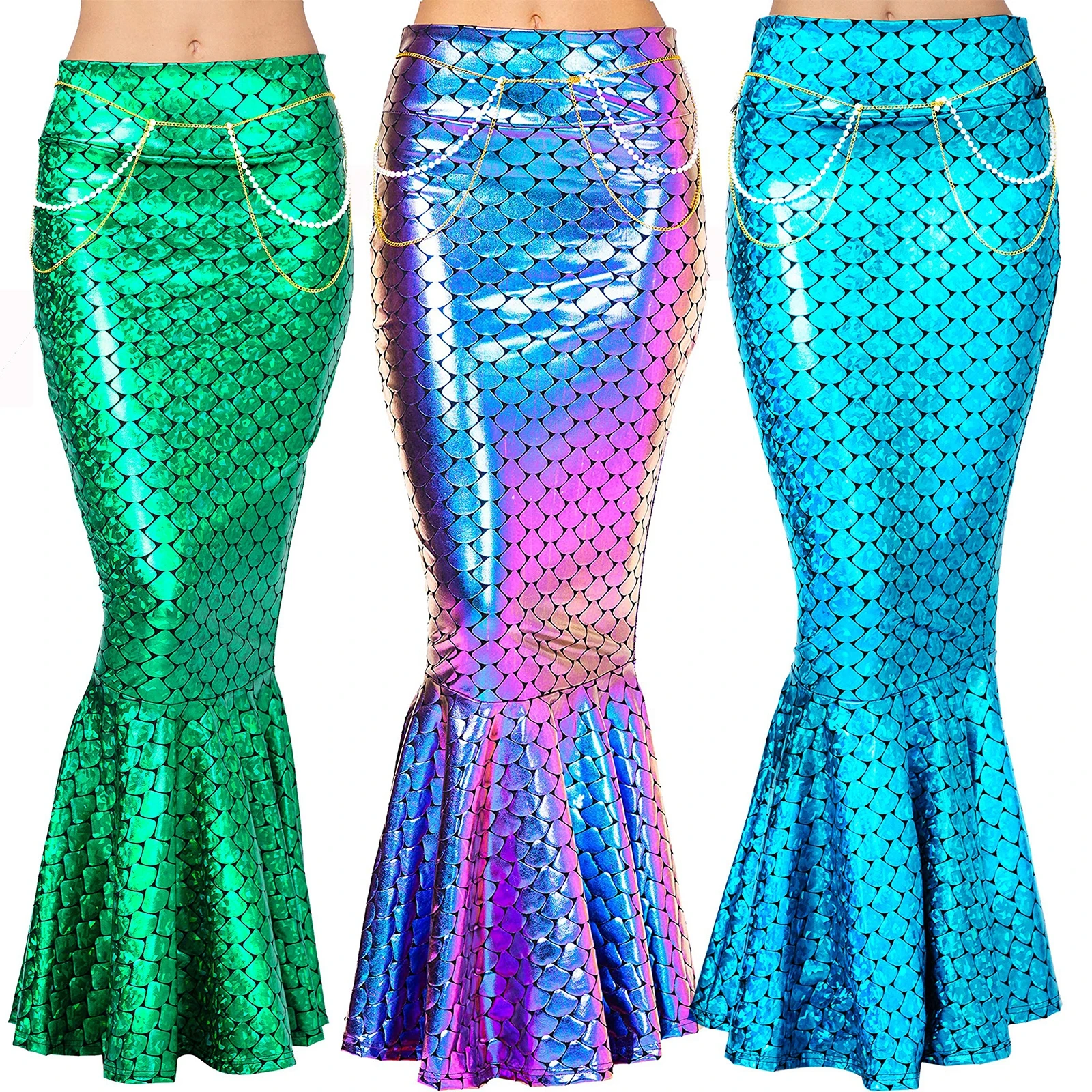 Women Long Mermaid Skirt Metallic Hologram Scale Print Slim Fit Skirt ...