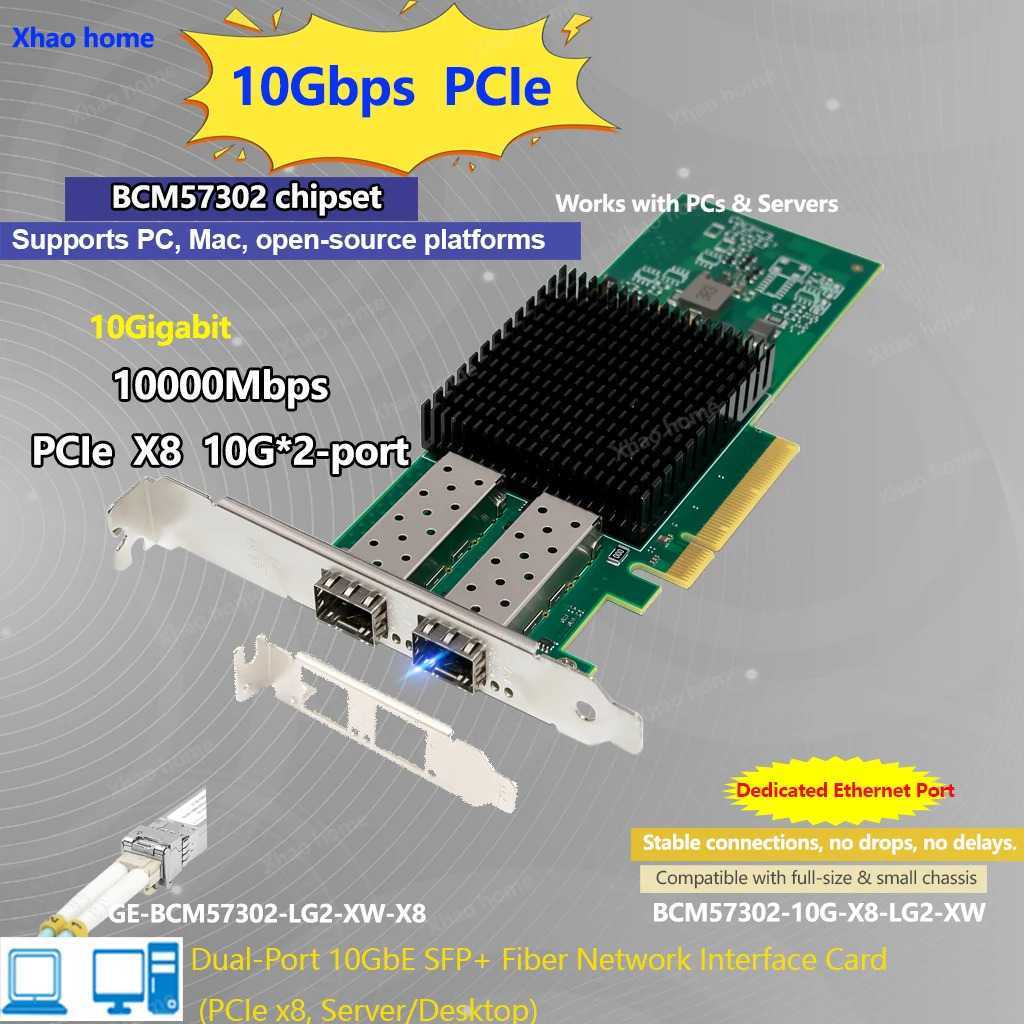 BCM57302 2-Port 10G SFP+ PCIe Fiber Network Card Industrial-Grade ...