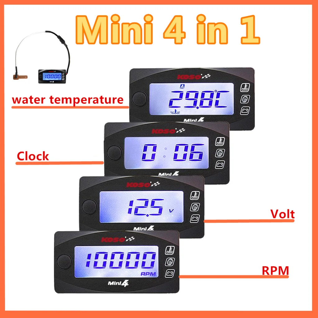 koso 4 in 1 Tachometer Motorcycles Water Temperature Meter Voltage Time ...