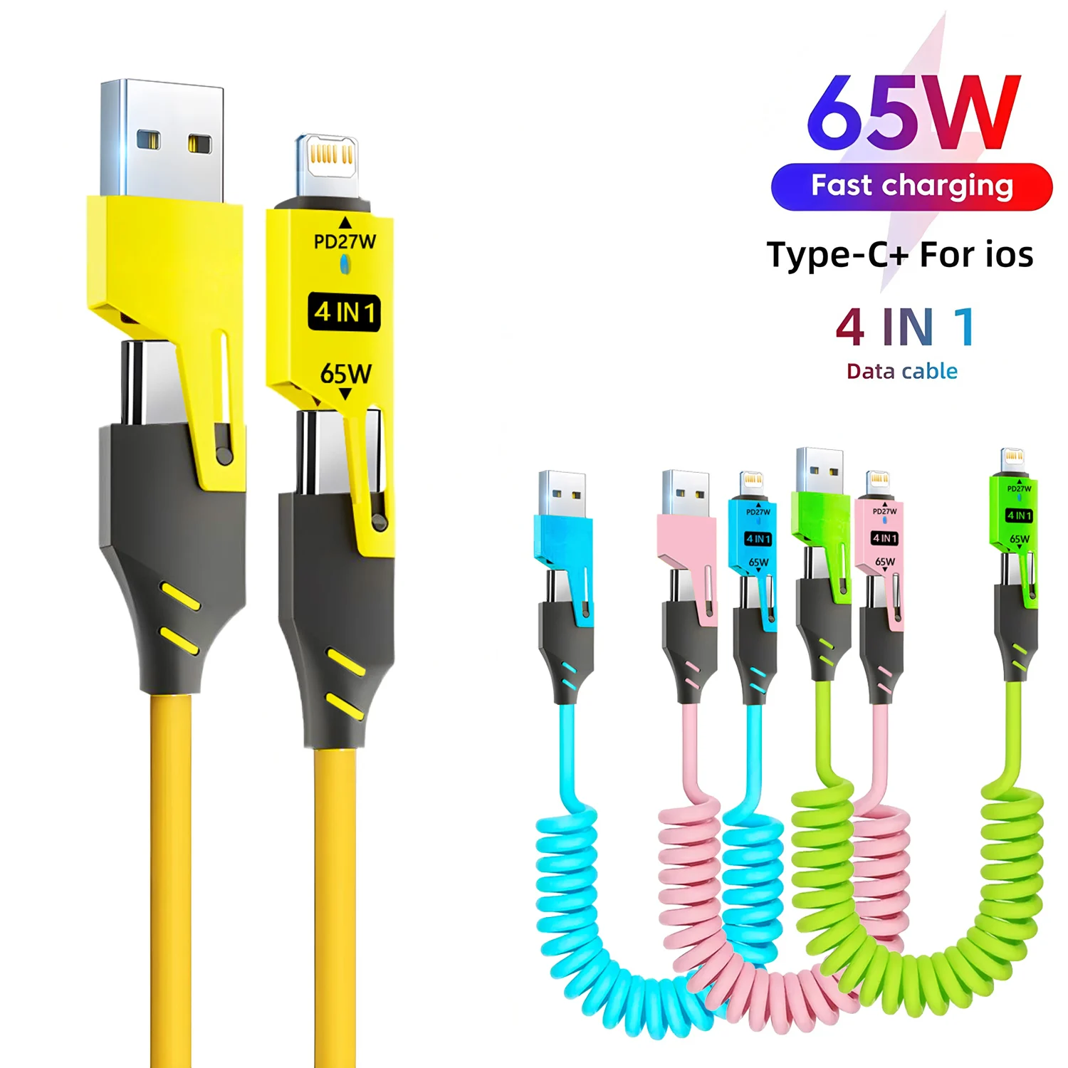 65W 4 in 1 Spring Short Data Cable 6A USB Type C Spring Telescopic ...