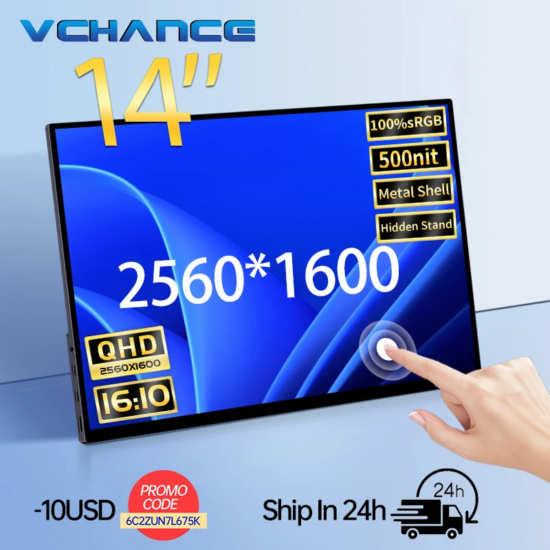 VCHANCE 14" 2.5K QHD Portable Monitor 16:10 2560*1600p HDR 100%DCI P3 ...