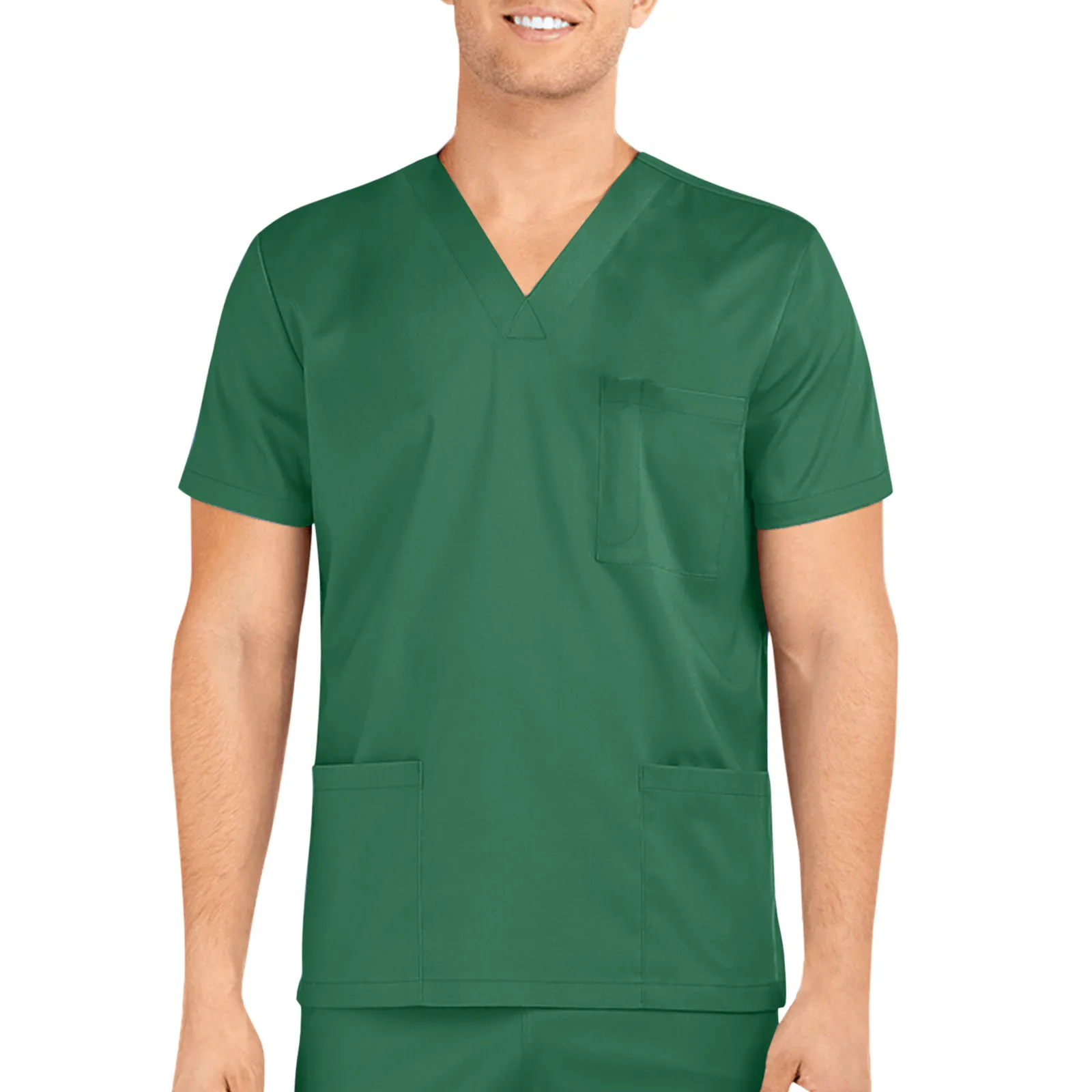 Nurse-Uniform-Men-Scrubs-Tops-Solid-Color-Blouse-Short-Sleeve-Multi ...