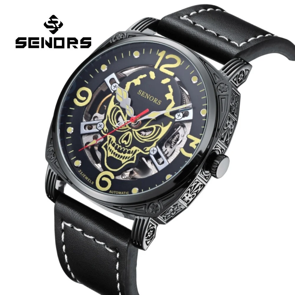 Infernal Cranium 기계식 가죽 스트랩 시계, 멋진 외모, 초강력 야간 조명, 남성용 프로모션 시계, 무료 배송 ...