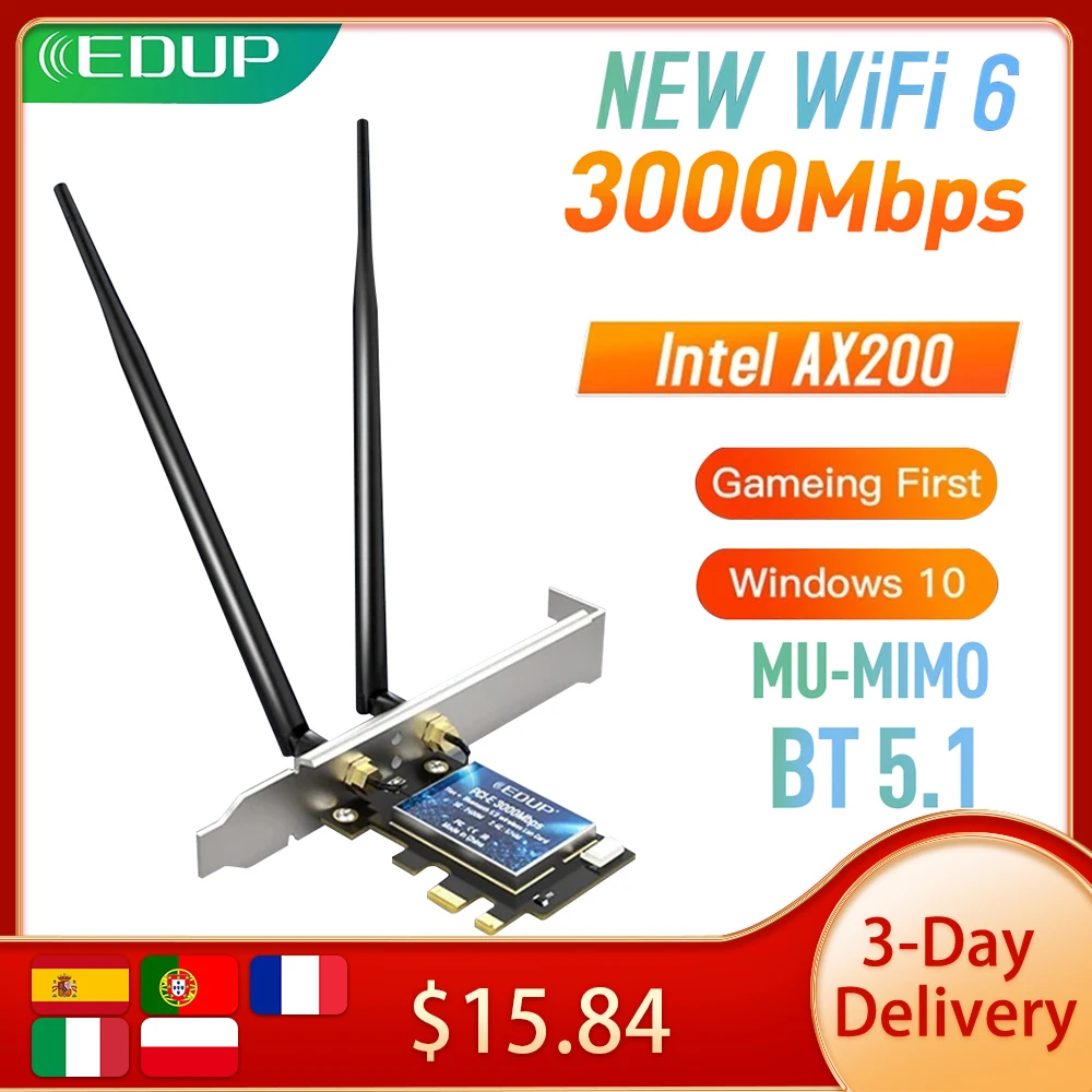 Carte Réseau Edup 3000mbps Wifi 6 Pci-e 802.11ax/ca Double Bande 2.4g/5ghz Sans Fil Intel Ax 200 ...